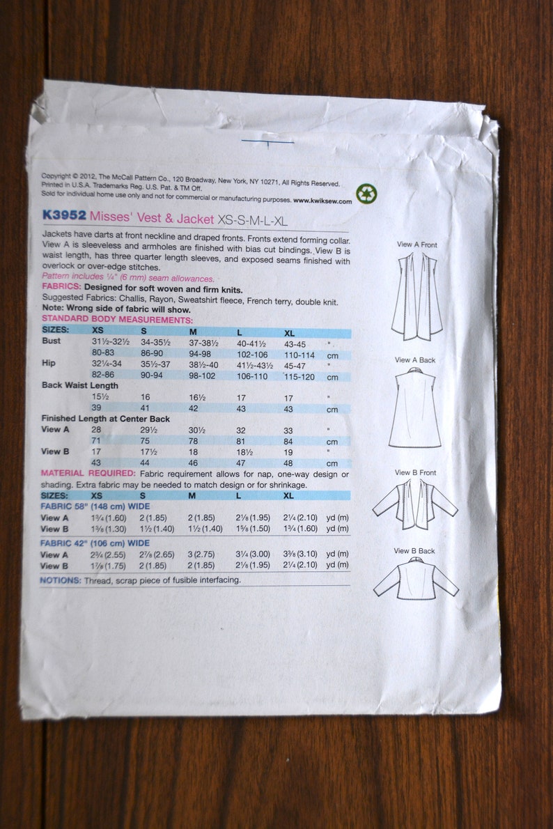 Kwik Sew Sewing Pattern K3952 Vest and Jacket Size XS-S-M-L-XL | Etsy