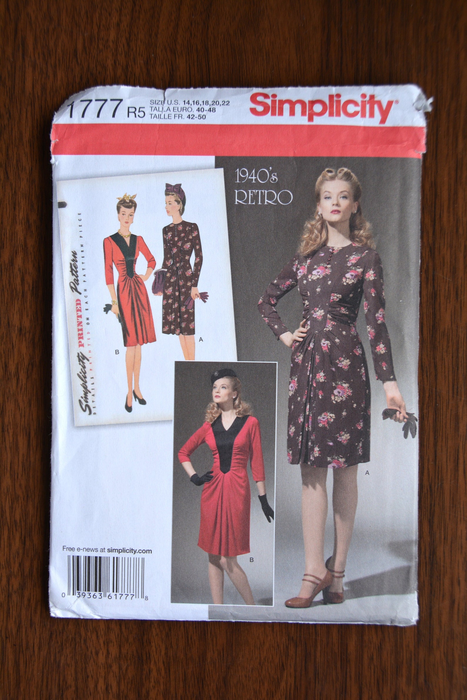 Simplicity 1940s Retro Sewing Pattern 1777 Reproduction Dress Size 14 ...