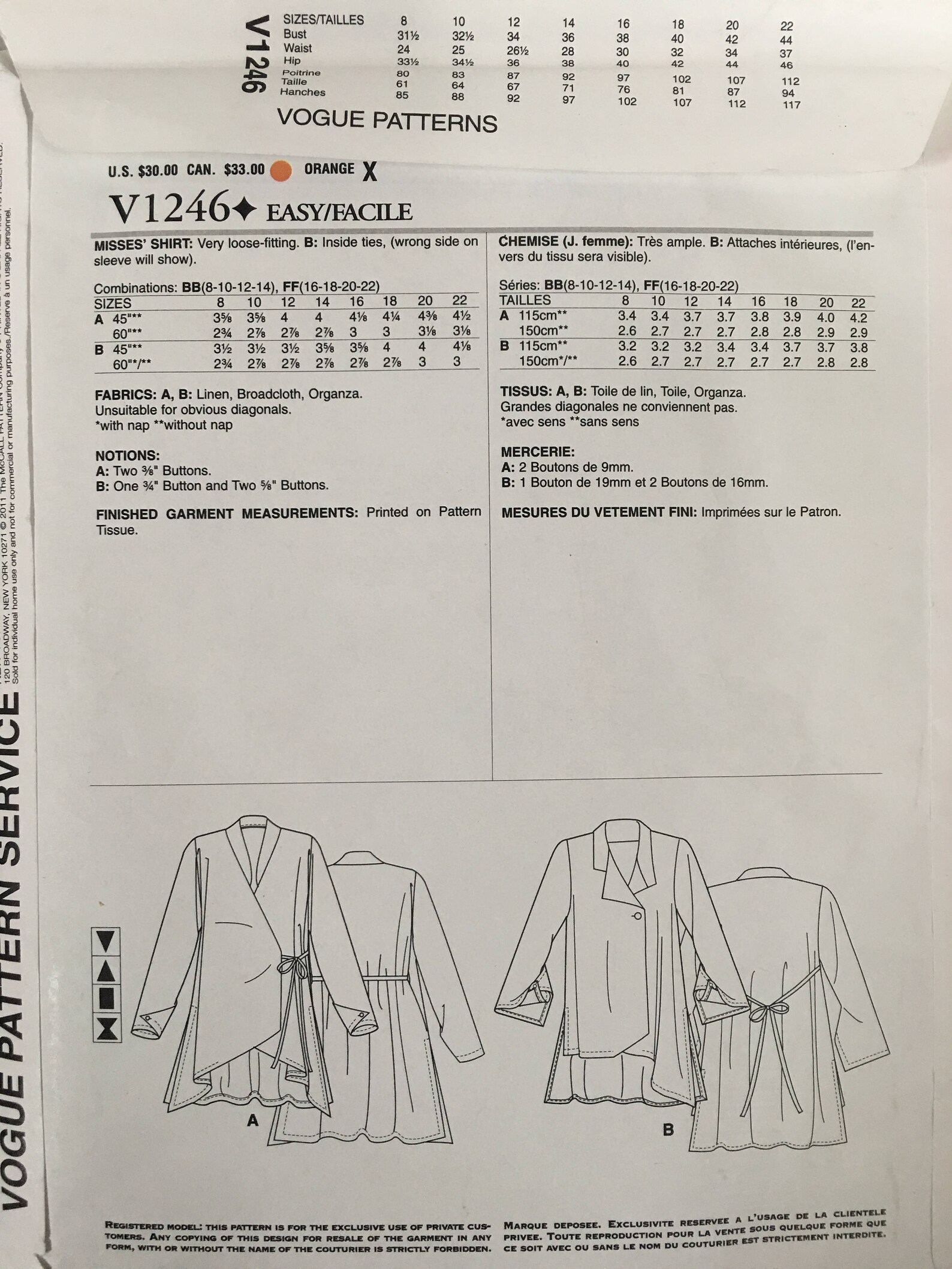 Vogue Lynn Mizono Sewing Pattern 1246, Structured Shirt (sizes 8-14) - Etsy