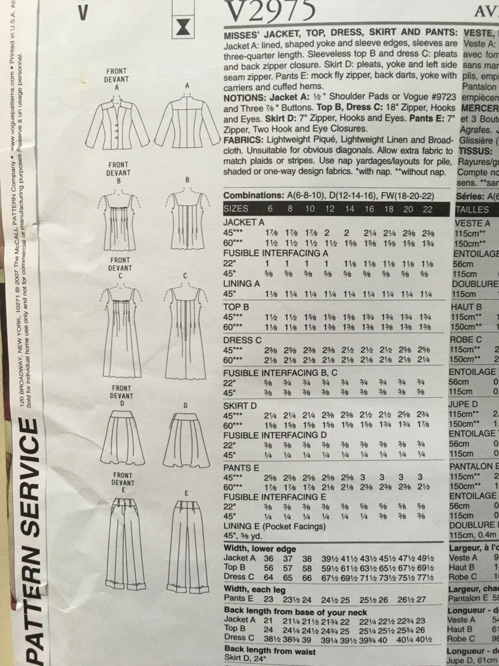 Vogue Wardrobe Pattern Size D 12 14 16 V 2975 Sewing Pattern - Etsy