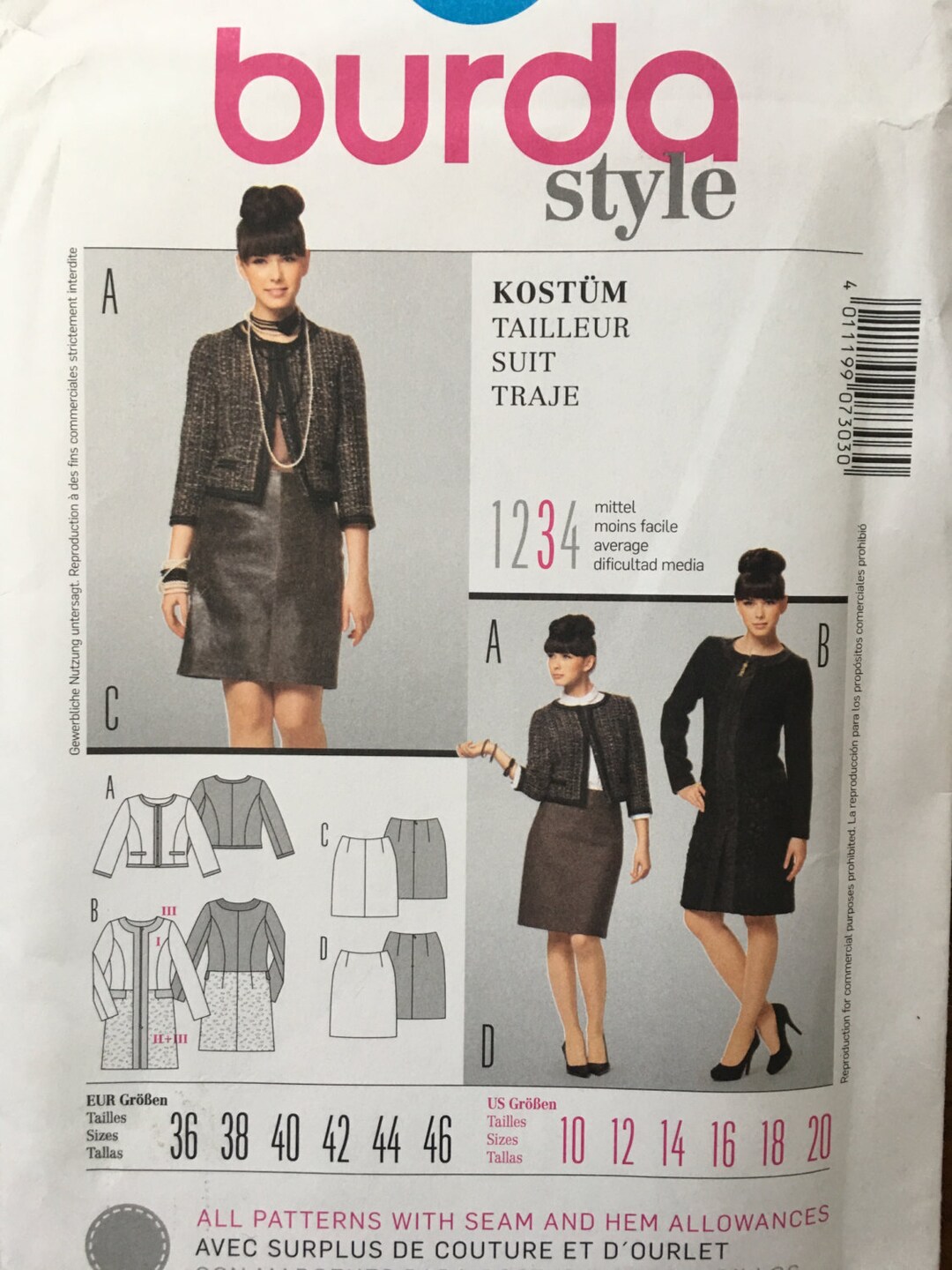BURDA Style Misses Suit Jacket Dress Skirt Sewing Pattern 7303 UC 10-20 ...
