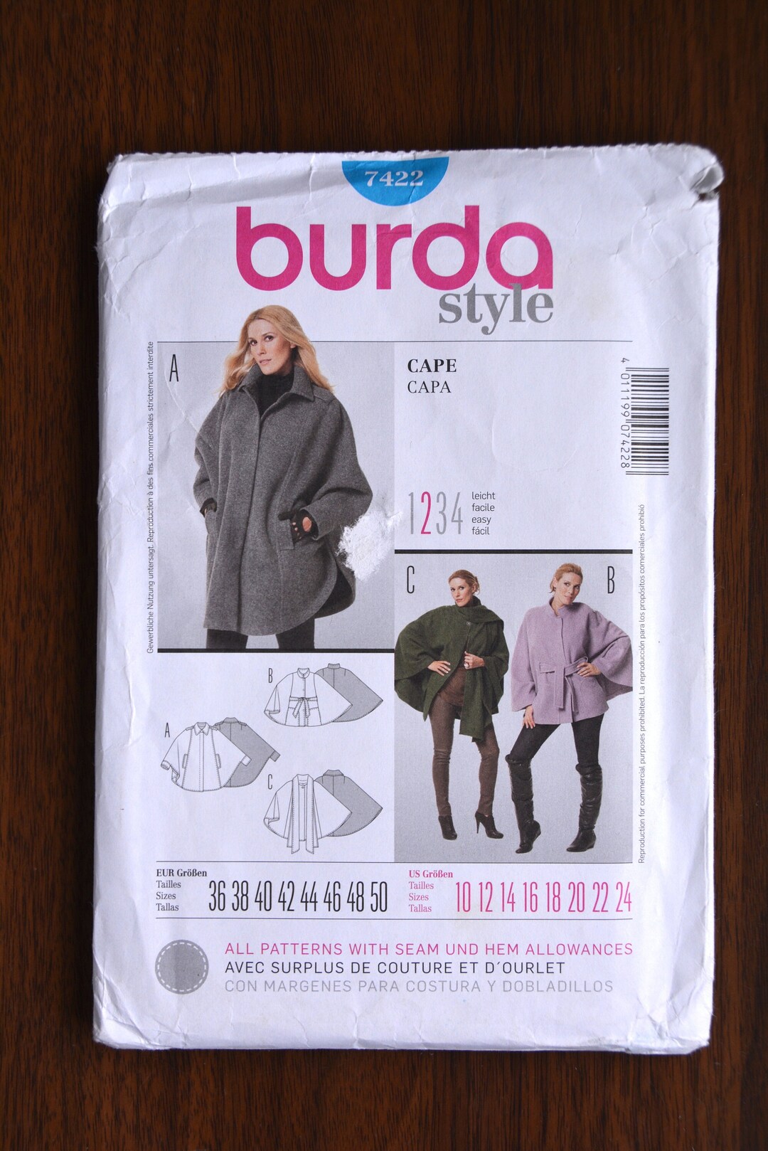 Burda Sewing Pattern 7422 Cape Size 10-12-14-16-18-20-22-24 - Etsy