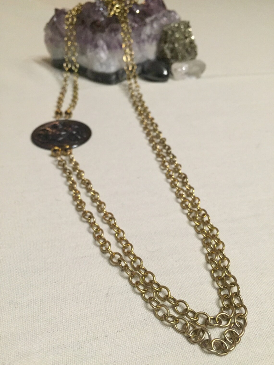 Double Gold Chain With Black Medallion - Etsy Israel