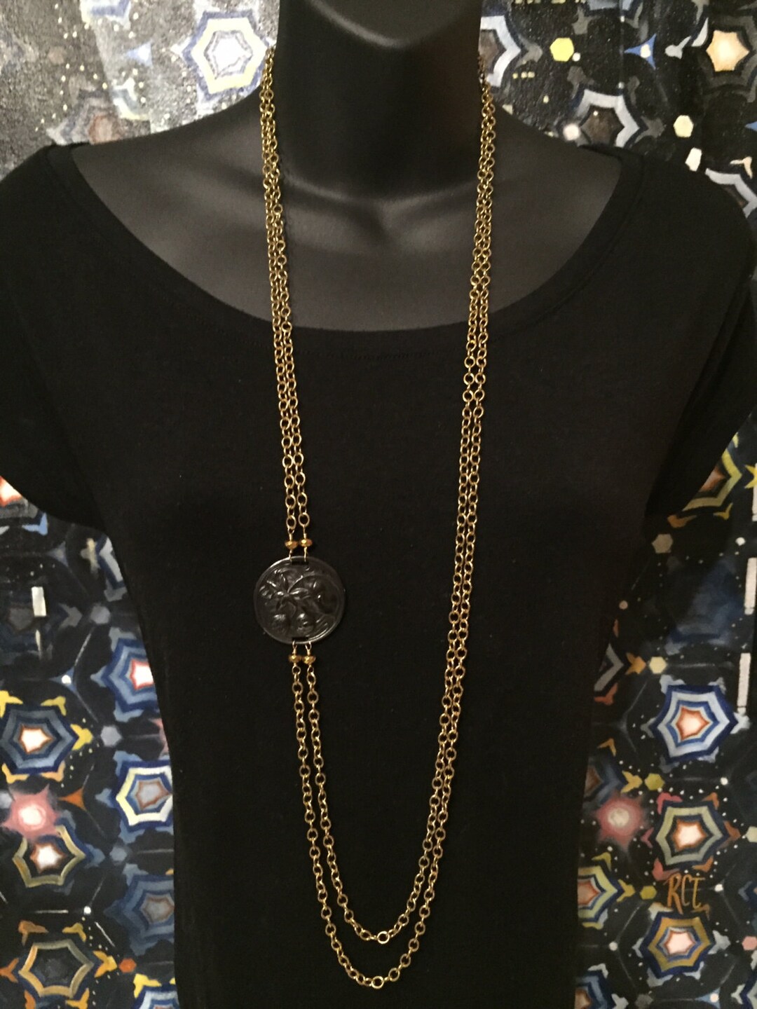 Double Gold Chain With Black Medallion - Etsy Israel