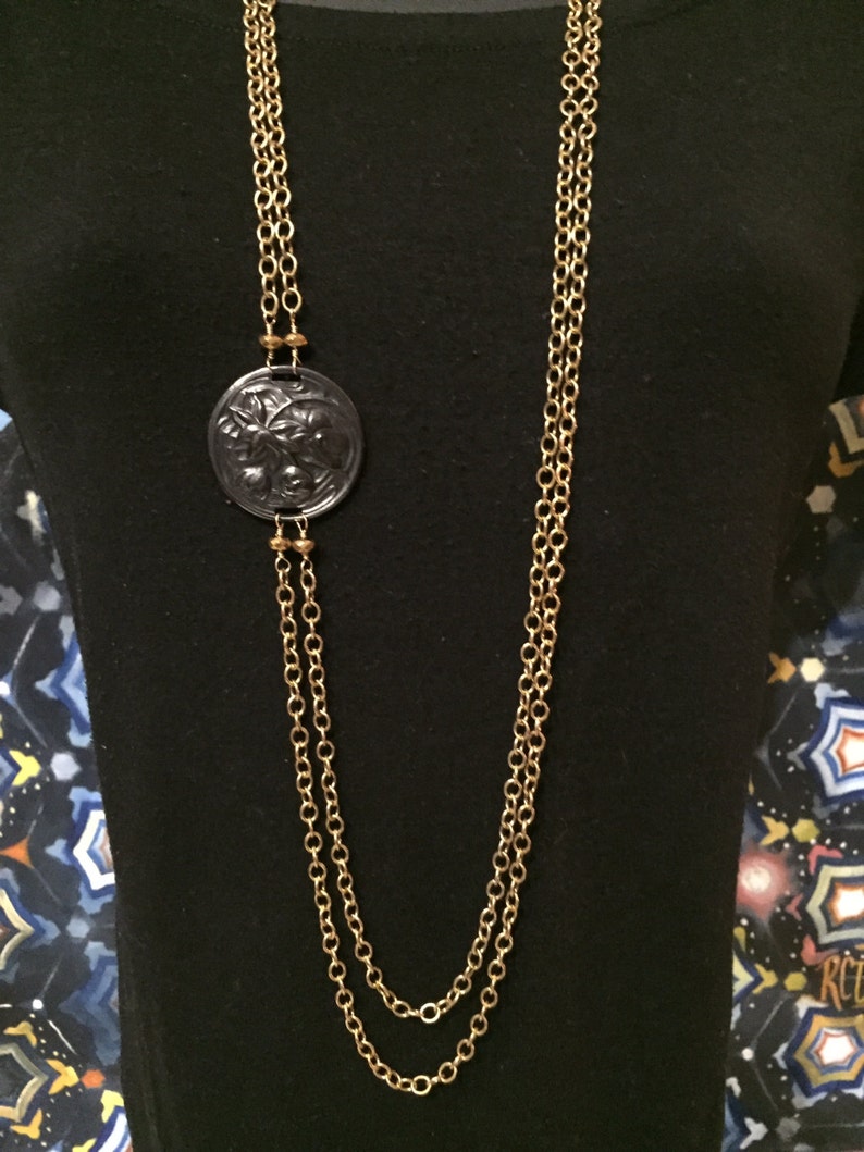 Double Gold Chain With Black Medallion - Etsy Israel