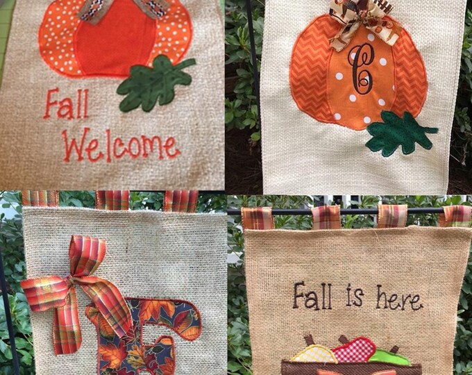 Fall Autumn Pumpkin Apple Leaves Burlap Appliqued and Embroidered ...