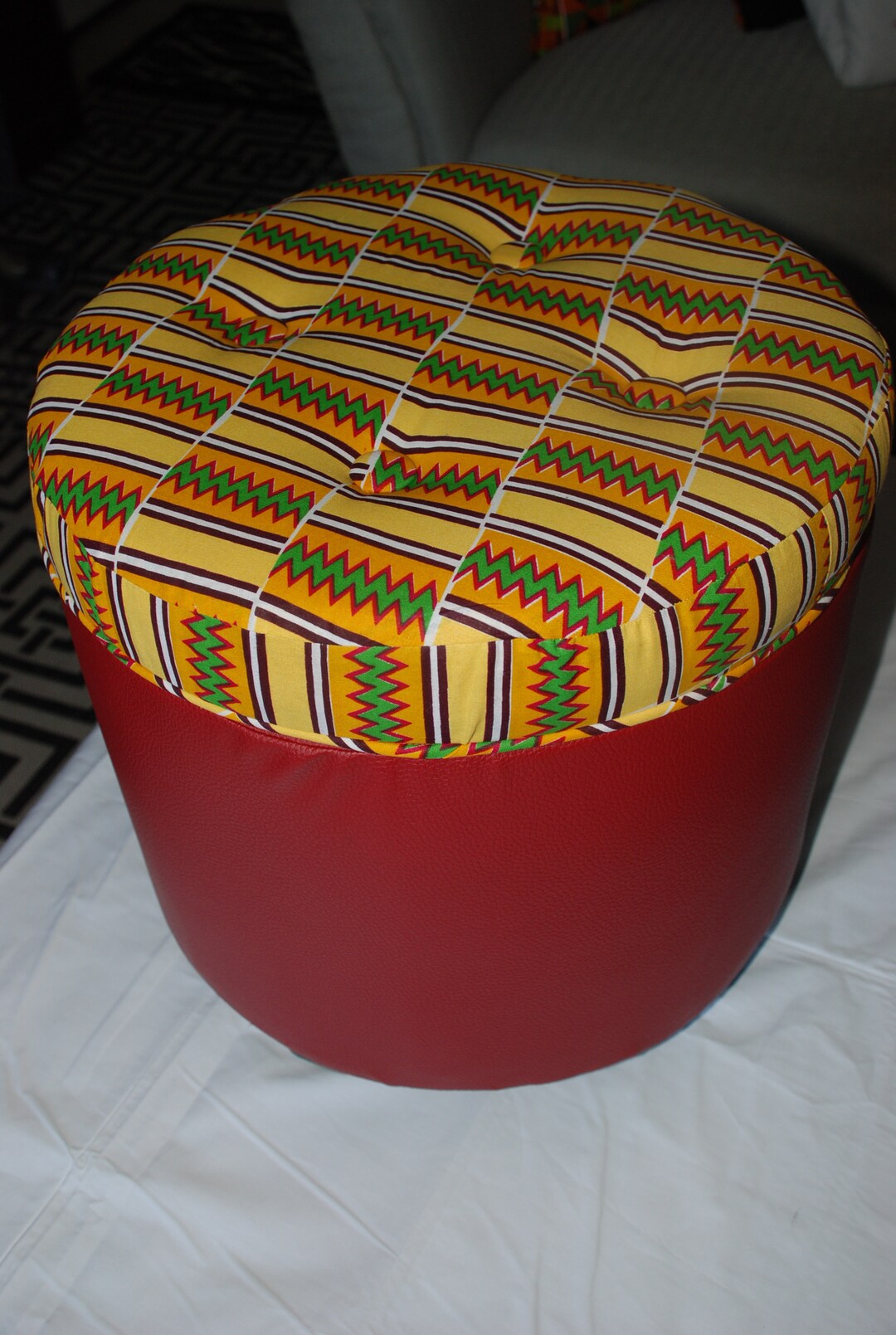 Round Kente/red Vinyl Storage Ottoman - Etsy