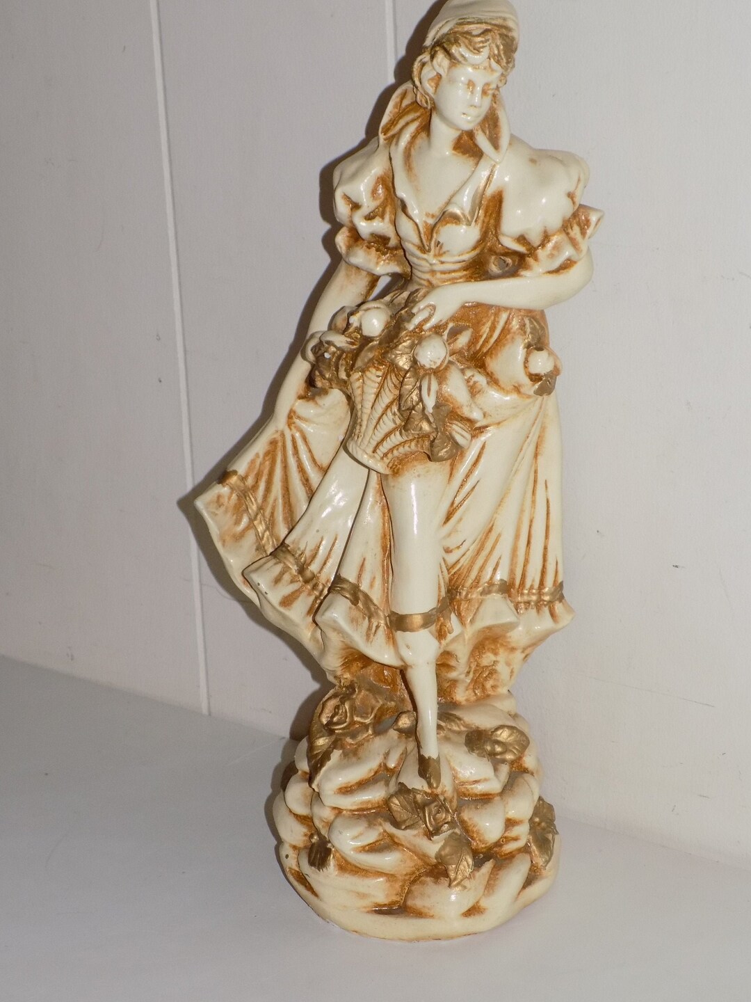 Vintage Ceramic Statue Girl Lady Woman With Basket Flowers Made in ...