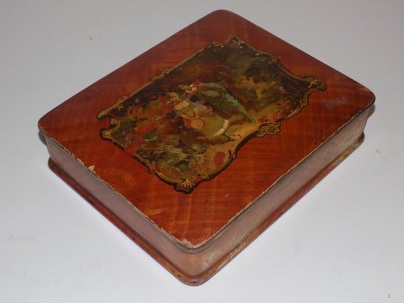 Vintage Hinged Wood Trinket Box Victorian Couple - Gem
