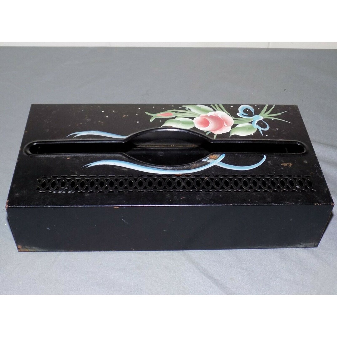 Vintage Black Metal Tissue Holder Box Dispenser Hand Painted - Etsy