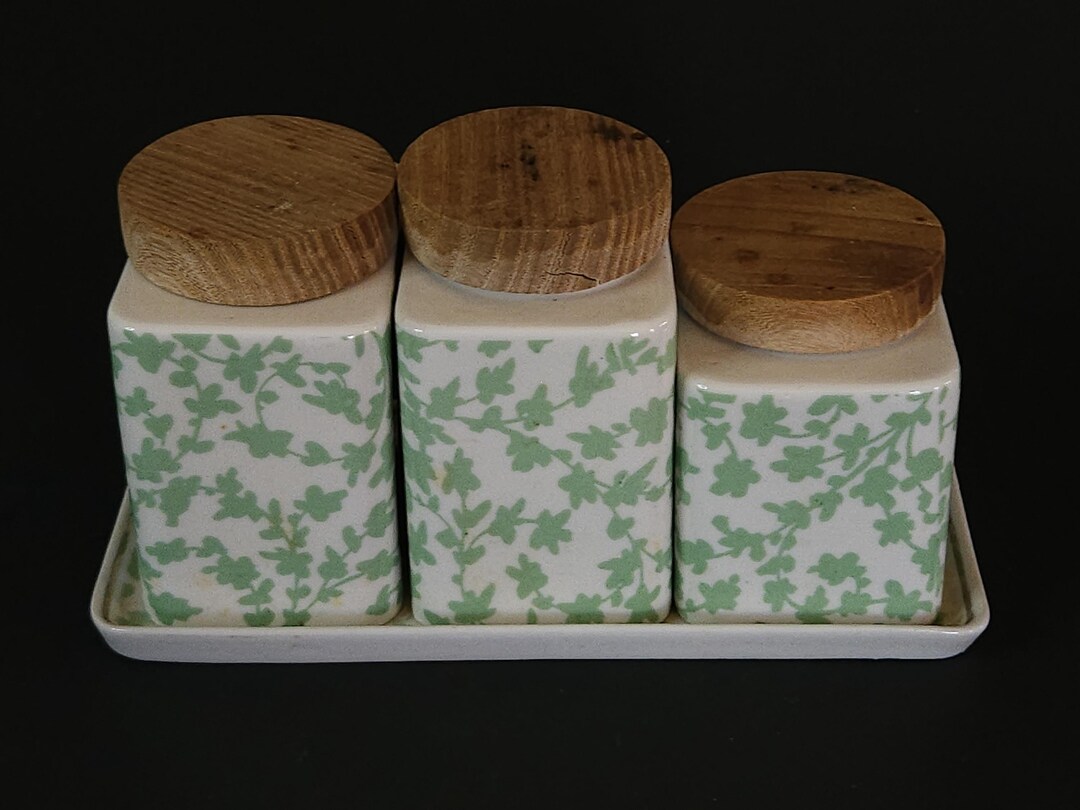 Vintage Ceramic Canister Tray Set White Green Ivy Spain - Etsy