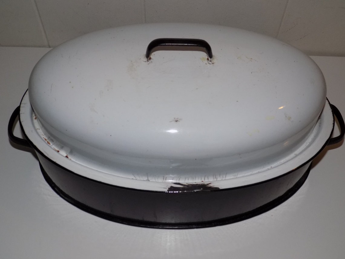 Vintage Enamelware Roaster Black and White Doubled Walled - Etsy