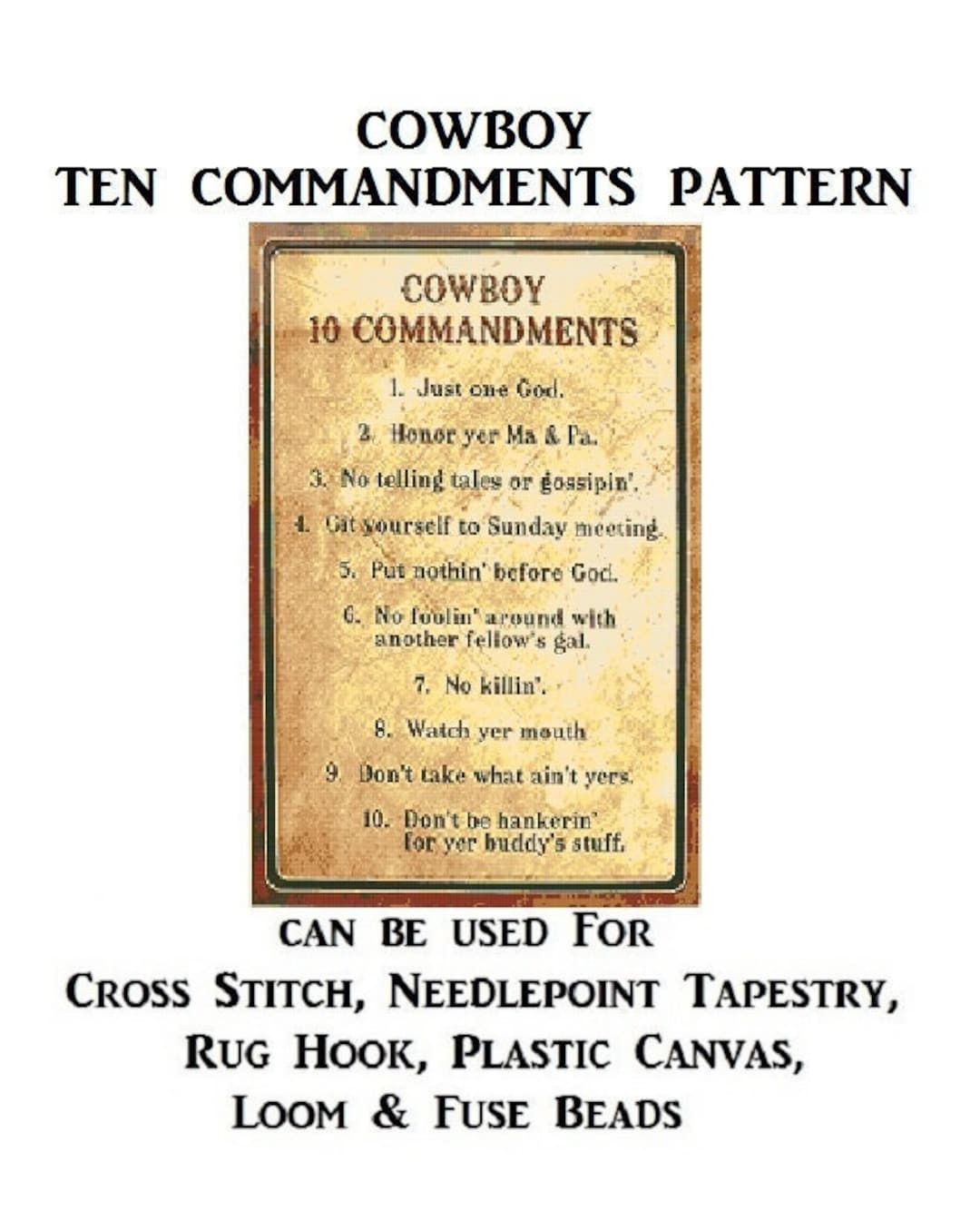 Cowboy Ten Commandments PATTERN for Cross Stitch-rug Hooking-plastic ...