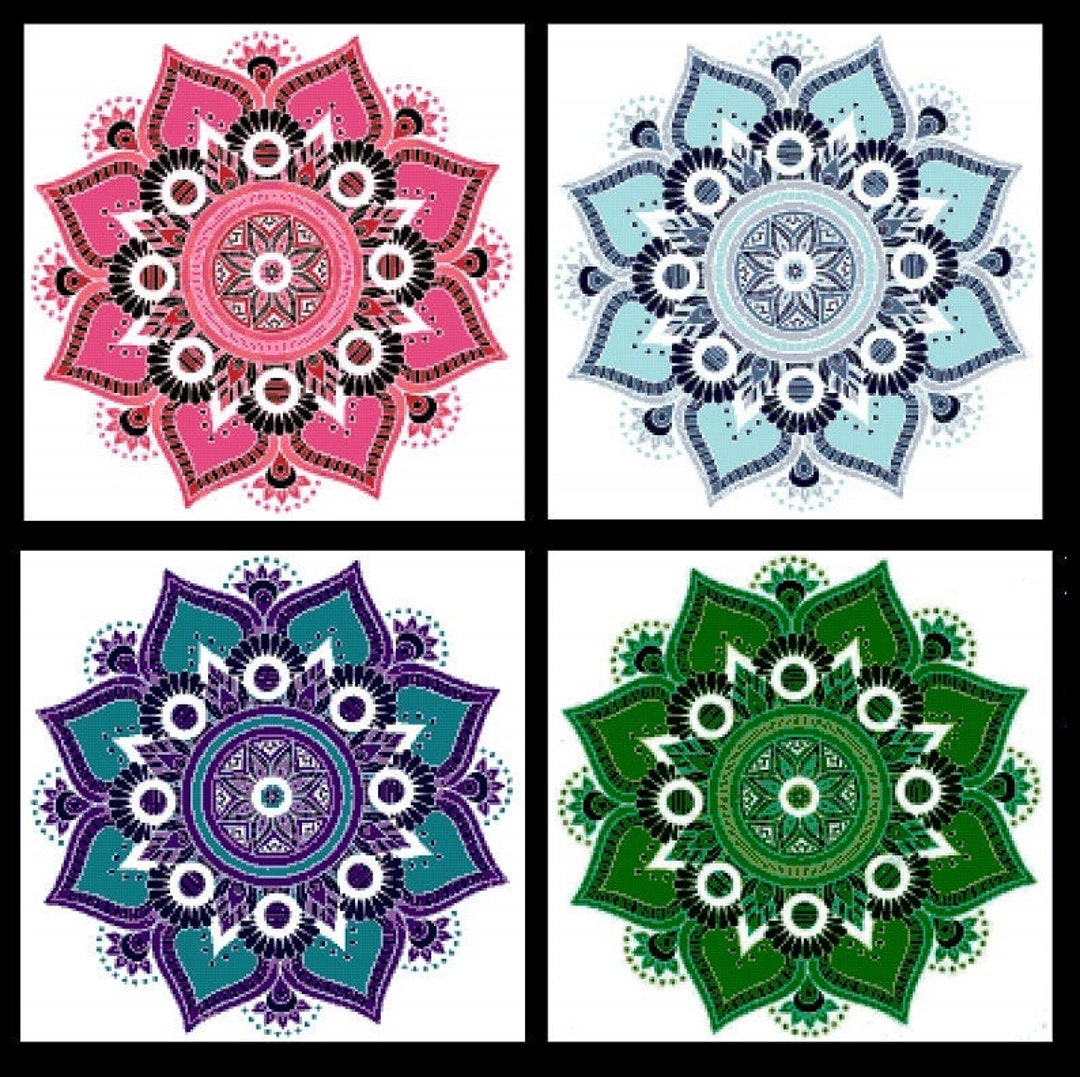 Set of 4 Lotus Mandala Cross Stitch PATTERNS, Rug Hooking Patterns ...