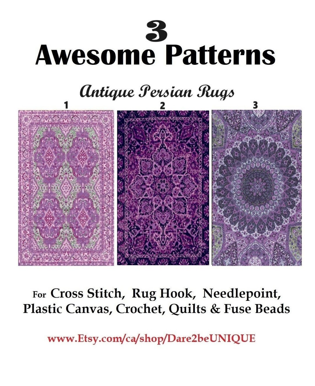 3 PURPLE Persian Rug PATTERNS for Counted Cross Stitch-rug Hook-plastic ...