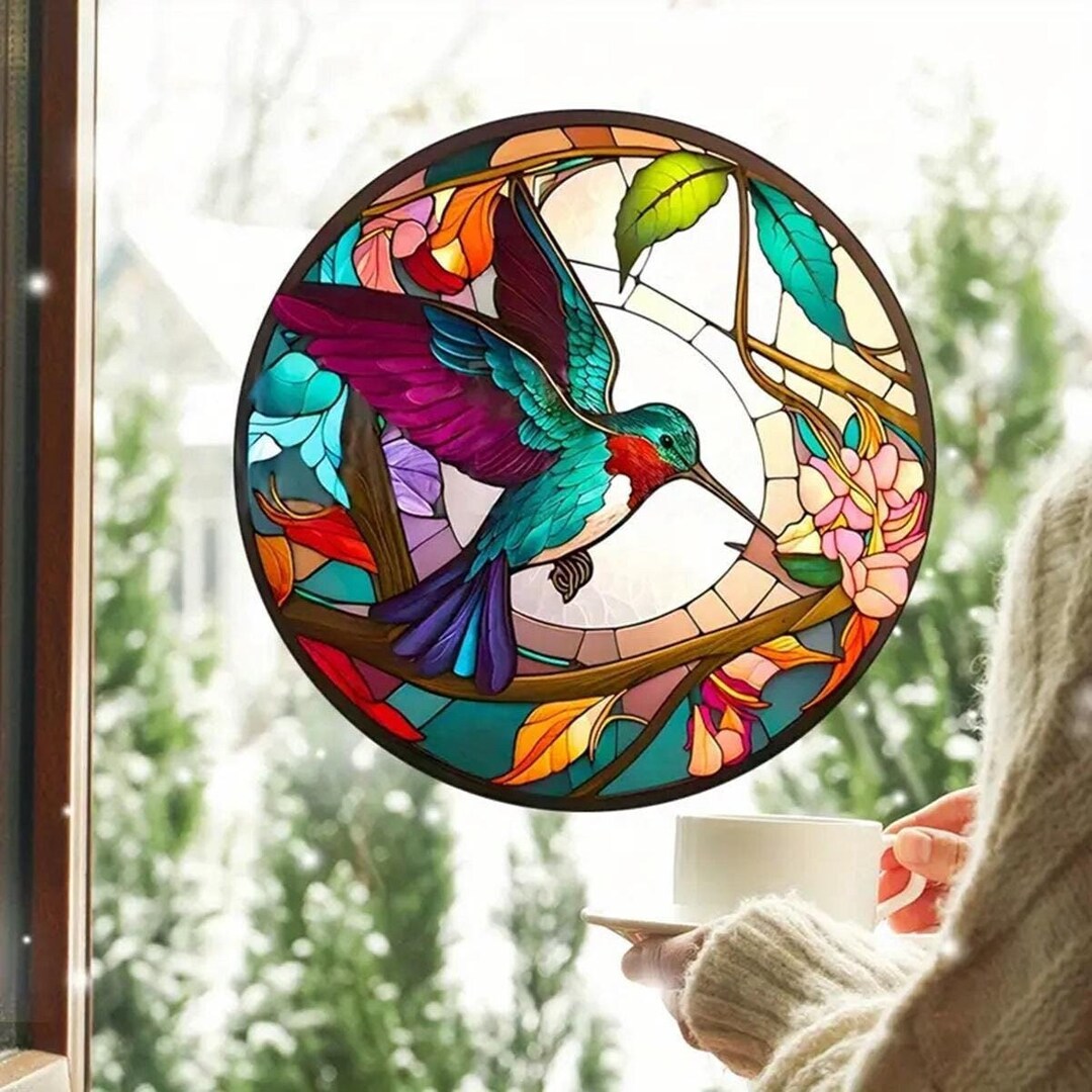 Hummingbird Stained Glass Window Static Cling, BIG 9" Vinyl Panel Sun ...