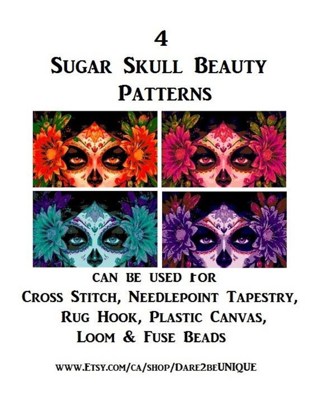 4 Sugar Skull PATTERNS for Cross Stitch-rug Hook-plastic Canvas ...
