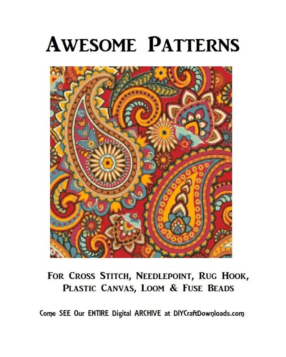 Red Paisley PATTERN for Counted Cross Stitch-rug Hooking-plastic Canvas ...