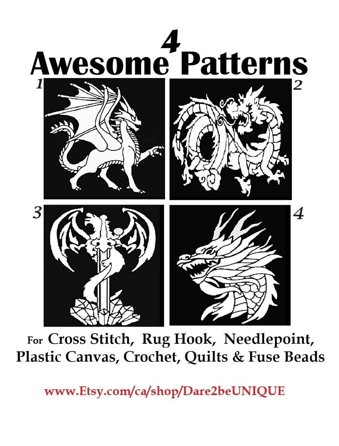 4 Dragons PATTERNS for Cross Stitch-rug Hooking-plastic Canvas ...