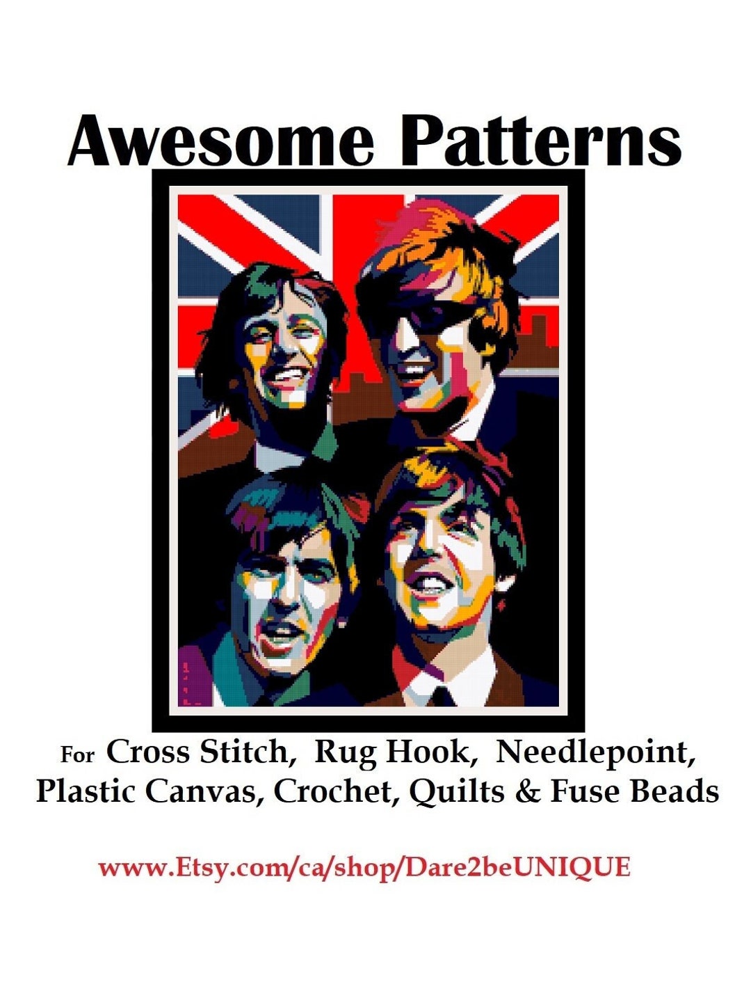 The Beatles PATTERN for Counted Cross Stitch-rug Hooking-plastic Canvas ...