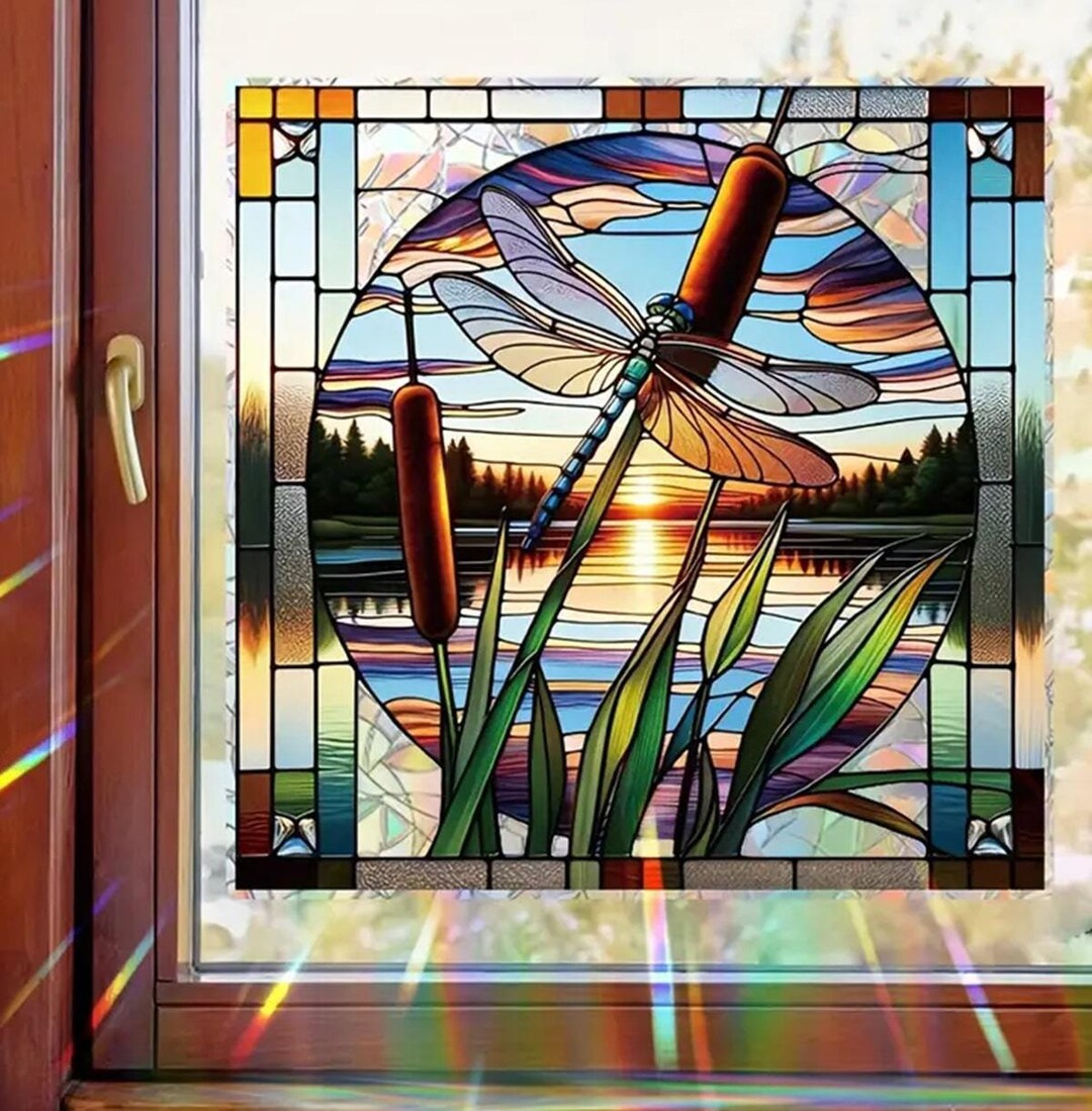 Dragonfly Stained Glass Window Static Cling, BIG 11" Vinyl Panel Sun ...