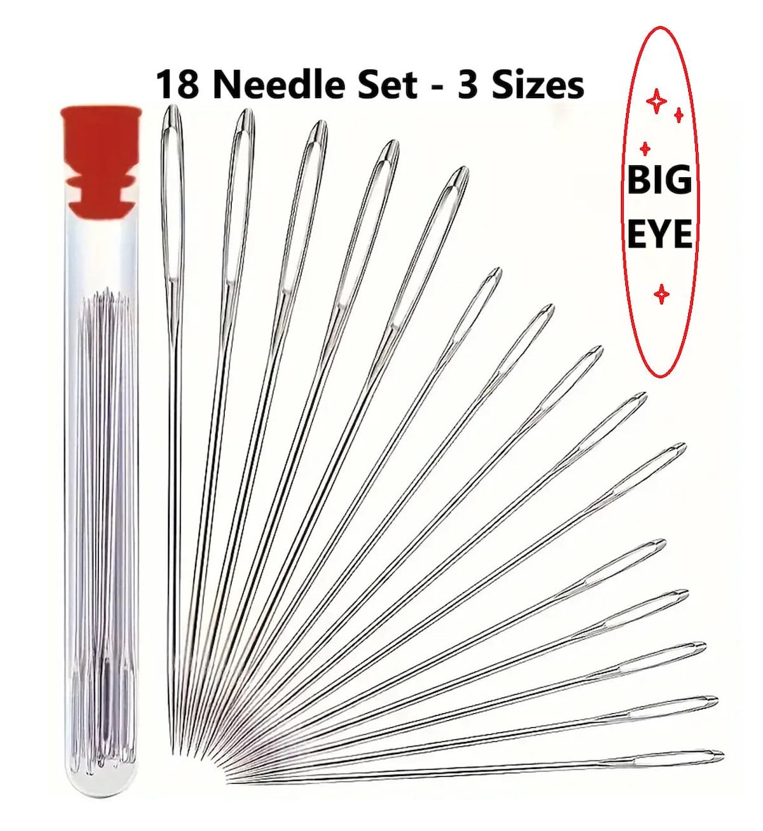 18 BIG EYE Sewing Needle Set, Needles for Sew, Embroidery, Quilting ...