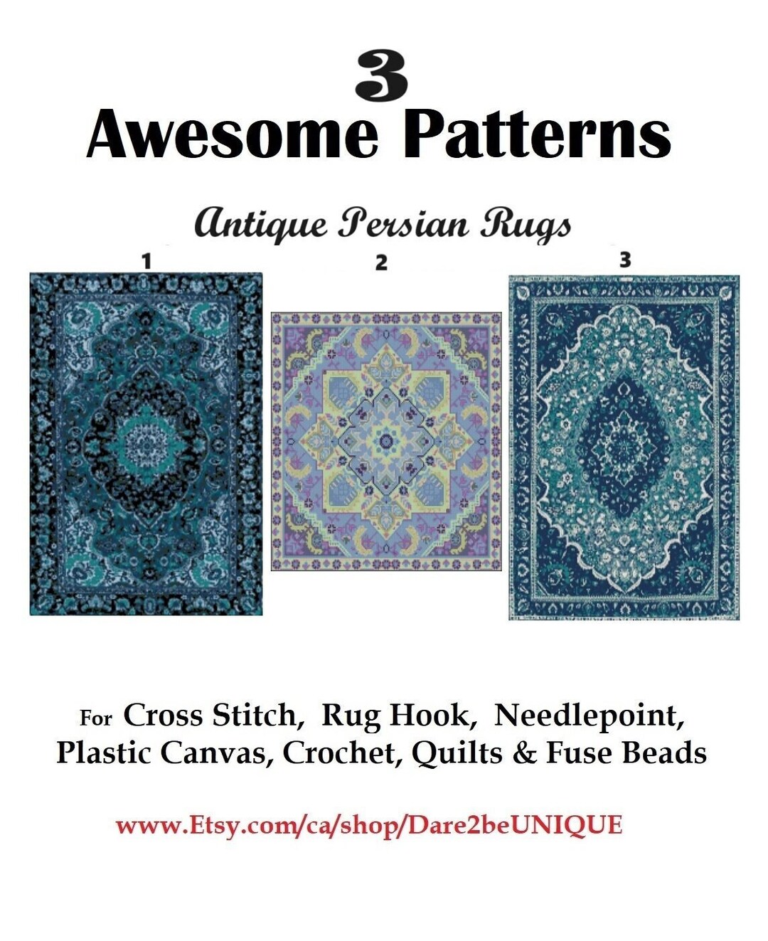 3 Antique Persian Rug PATTERNS for Counted Cross Stitch-rug Hook ...