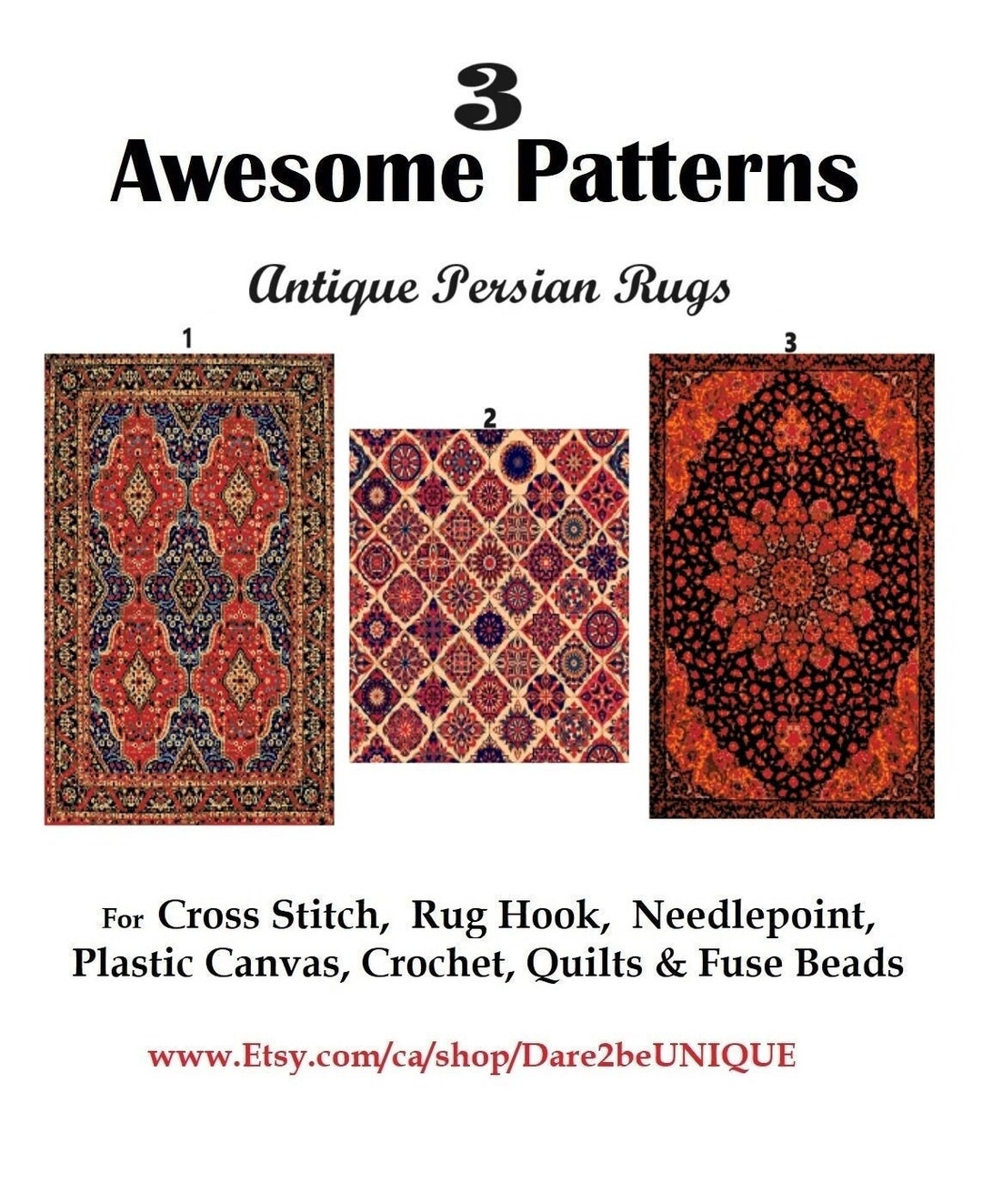 3 RED Persian Rug PATTERNS for Cross Stitch-rug Hook-plastic Canvas ...