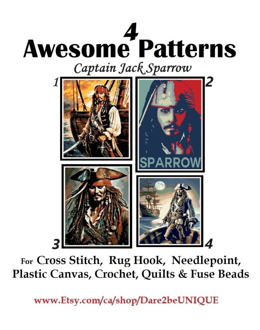 4 Jack Sparrow Patterns-counted Cross Stitch-rug Hooking-plastic Canvas ...