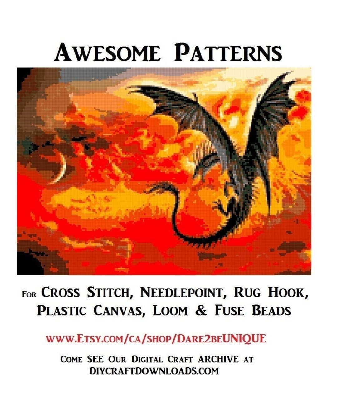 Fire Dragon PATTERN for Counted Cross Stitch-rug Hooking-plastic Canvas ...