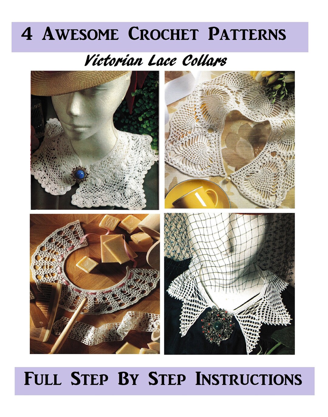 4 Victorian Collars Crochet Patterns-steampunk Lace Collar Trim Pattern ...
