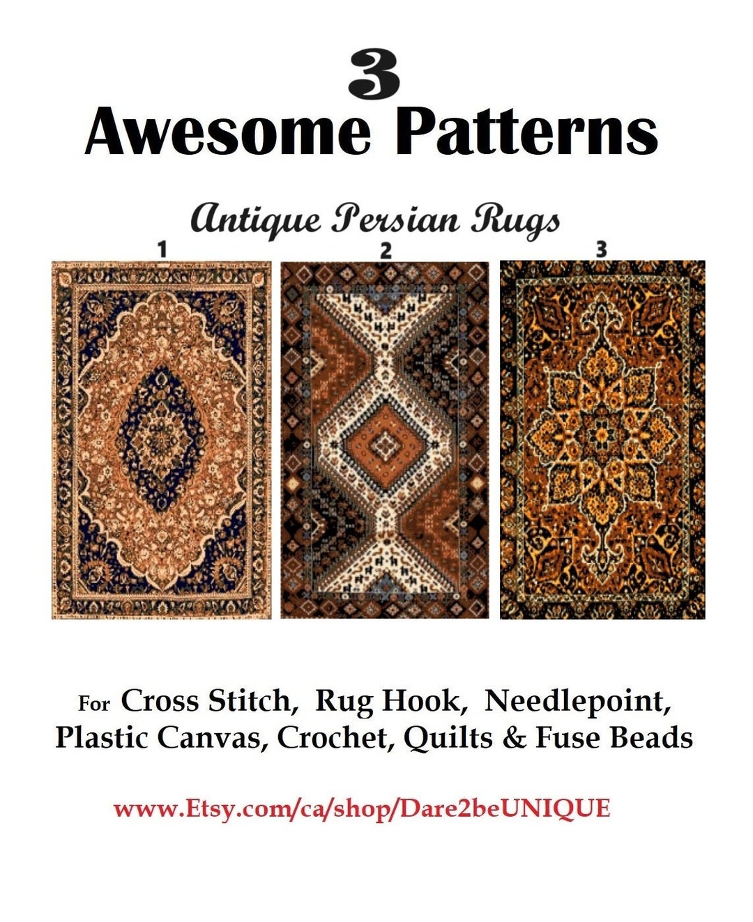 3 BROWN Persian Rug PATTERNS for Cross Stitch-rug Hook-plastic Canvas ...