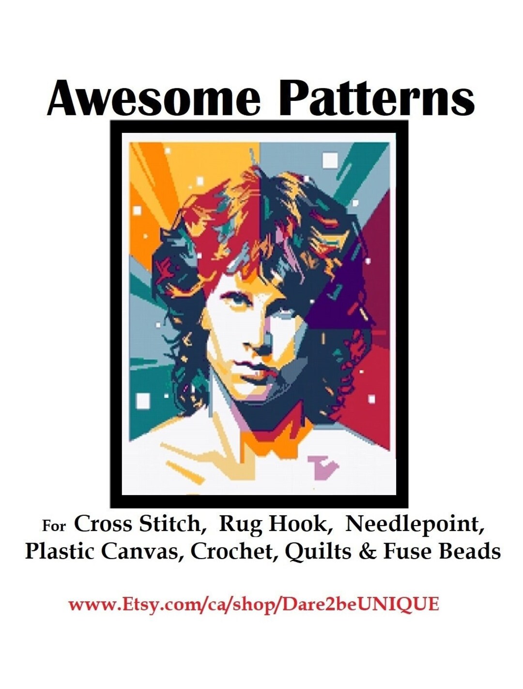 Jim Morrison PATTERN for Counted Cross Stitch-rug Hooking-plastic ...