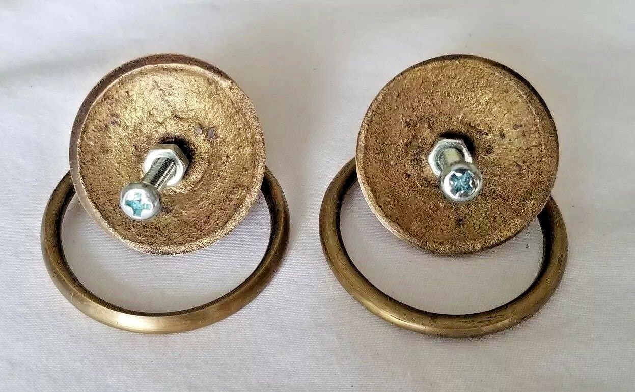 2 Rustic Antique Style Brass Round Ring Pull Handles Backplate 1-3/8 ...