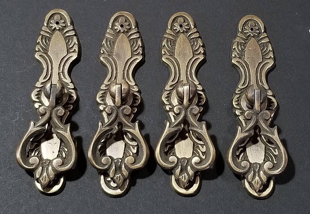 4 Antique Style Solid Brass Tear Drop Pulls - Floral Embossed, 3 3/4 ...