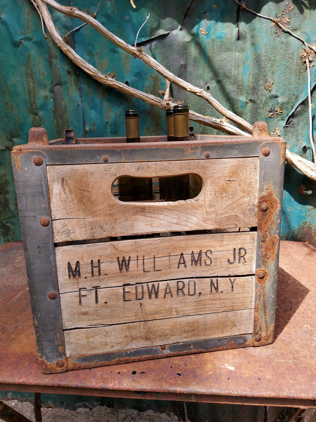 Vintage Wood Metal Dairy Milk Crate Retro Industrial Wine Rack "m.h ...