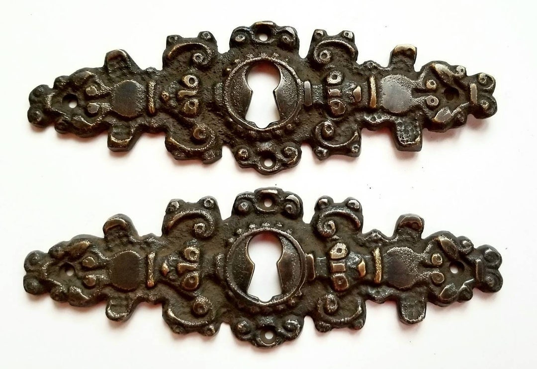 2 Antique French Brass Escutcheon, Hardware Ornate Fancy Keyhole Cover ...