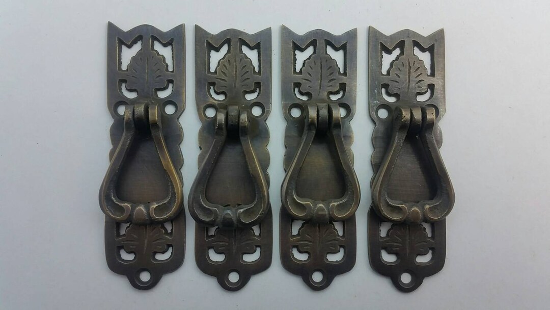 4 X Vertical Handles W. Ring Pull Leaf Design Arts and Crafts 3 3/8" # ...