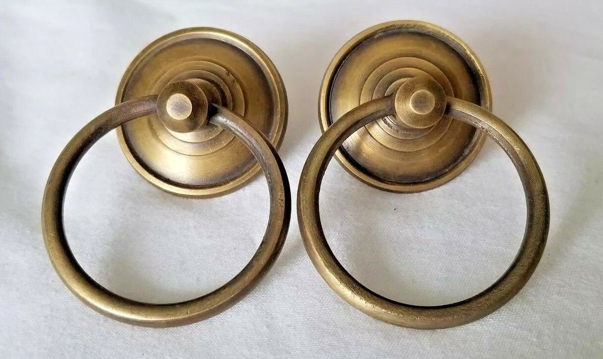 2 Rustic Antique Style Brass Round Ring Pull Handles Backplate - Etsy