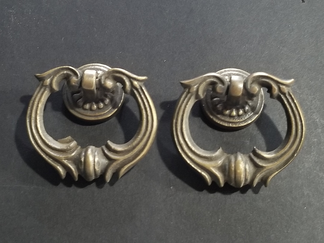 2 X Ornate Solid Brass Ring Pull Handle With Detailed Drop Ring and ...