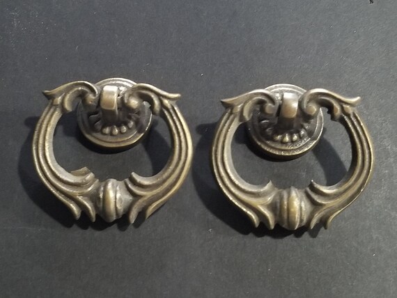 2 X Ornate Solid Brass Ring Pull Handle With Detailed Drop - Etsy