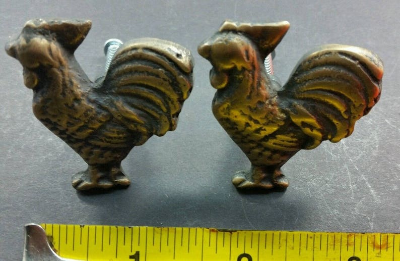 2 X Rooster, Chicken Cabinet Drawer Door Knobs Pulls Solid Brass ...