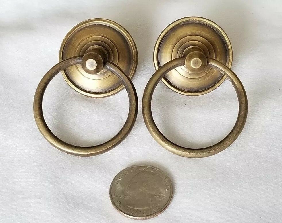 2 Rustic Antique Style Brass Round Ring Pull Handles Backplate - Etsy