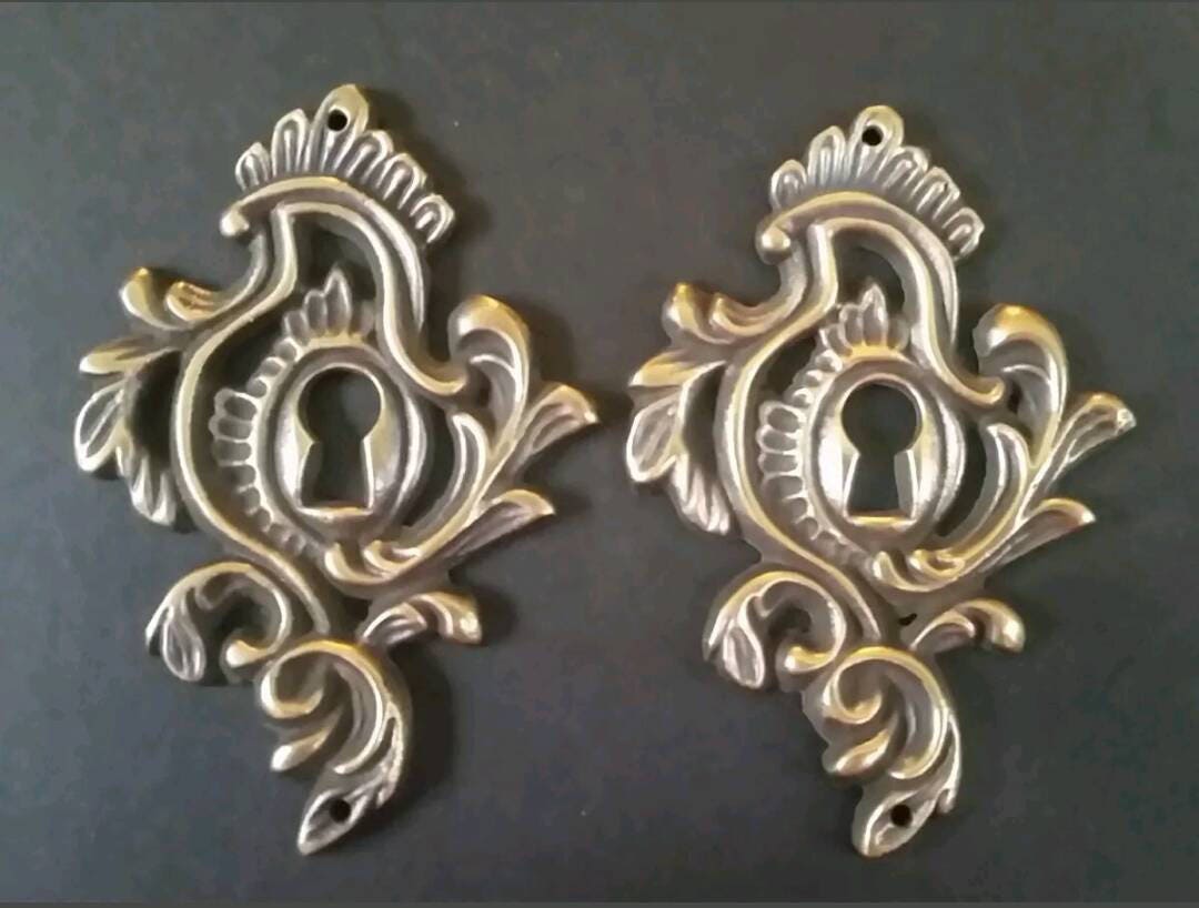 2 Antique Style Brass Keyhole Cover Escutcheons, French Provincial, 3 ...