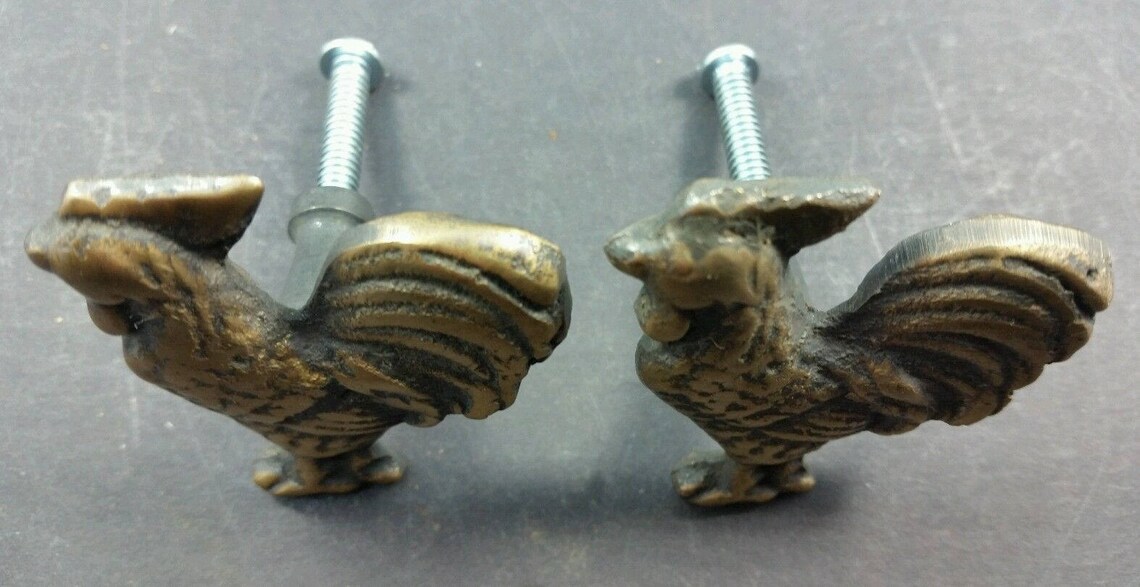 2 X Rooster, Chicken Cabinet Drawer Door Knobs Pulls Solid Brass ...