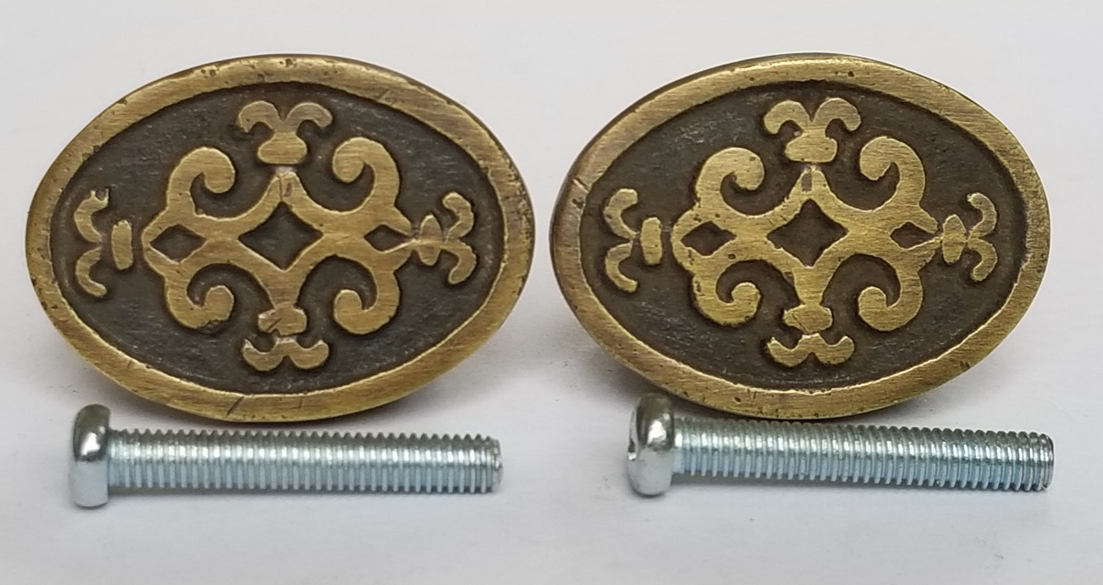 2 Antique Style Ornate Solid Brass Oval Knobs Pulls Cabinet - Etsy