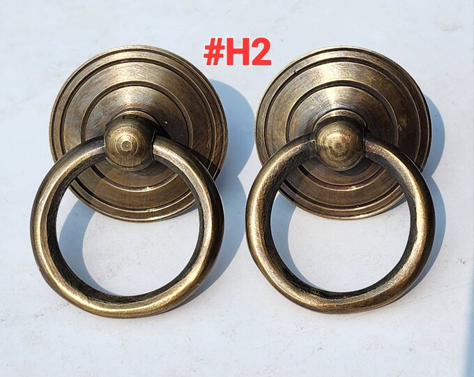 2 Rustic Antique Style Brass Round Ring Pull Handles Backplate 1-3/4 ...