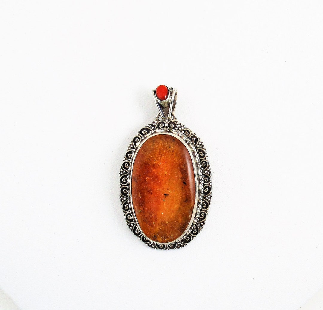 Large Baltic Amber With Fossil Insect and Mediterranean Coral Silver ...
