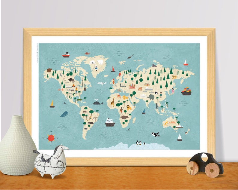 Illustrated World Map for Kids Watercolor Landmarks Continents - Etsy