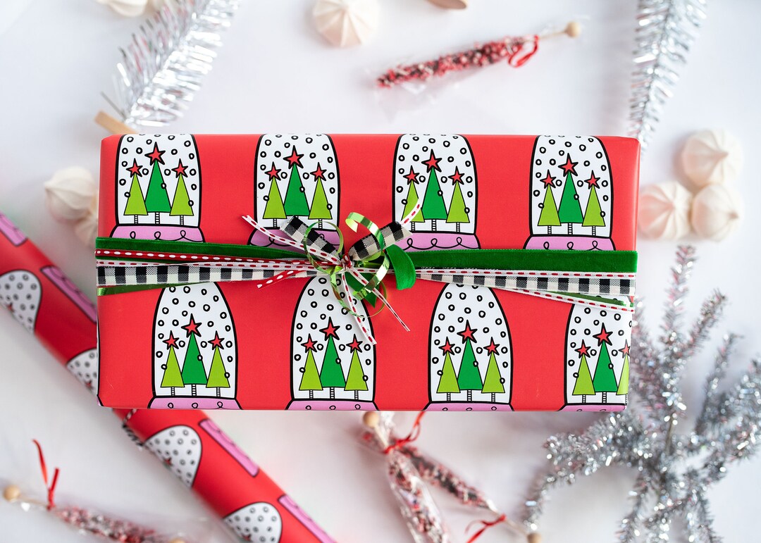Christmas, Wrapping Paper, Winter Holiday, Snow Globe, Trees, Modern ...